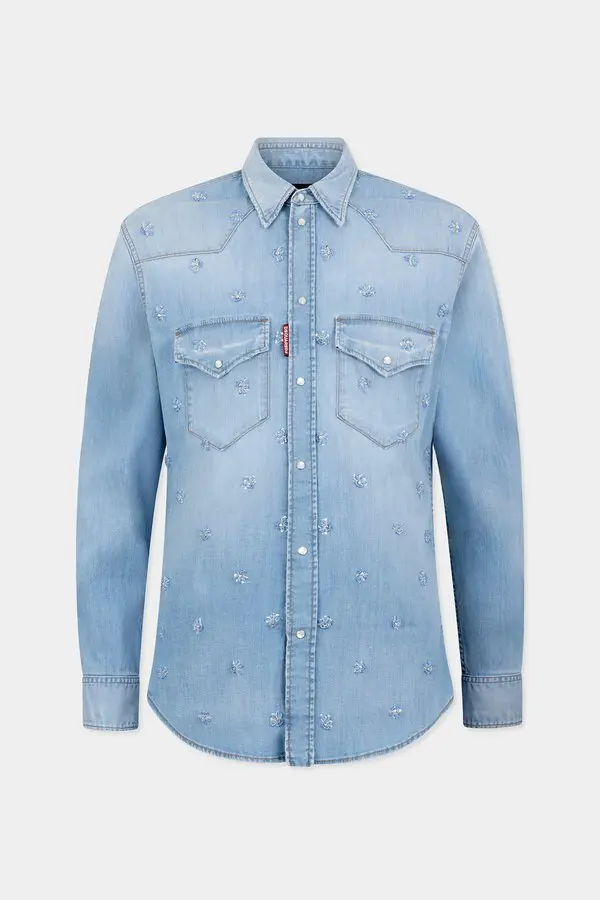 Dsquared2 Light Wash Western Shirt With 3d Flower Appliqués - Blue