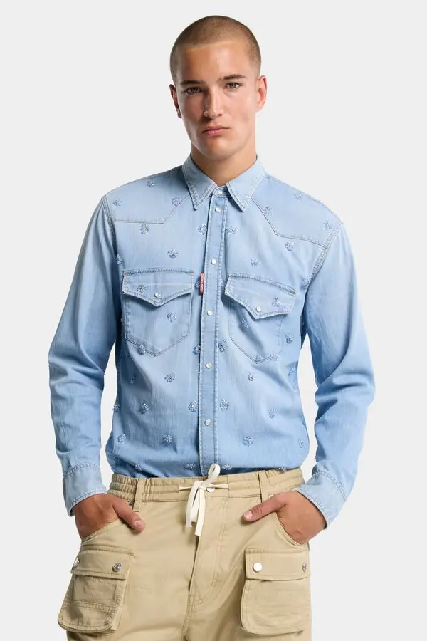 Dsquared2 Light Wash Western Shirt With 3d Flower Appliqués