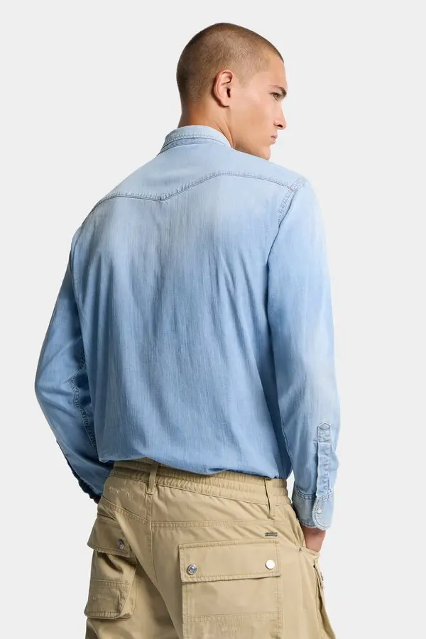 Dsquared2 Light Wash Western Shirt With 3d Flower Appliqués