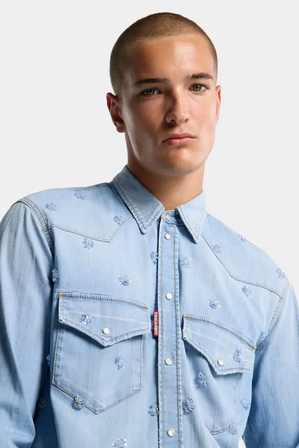 Dsquared2 Light Wash Western Shirt With 3d Flower Appliqués