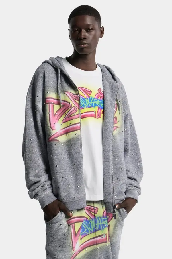 Dsquared2 Graffiti Logo Embellished Zip-up Hoodie