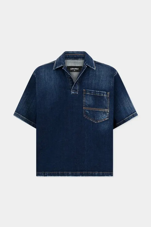 Dsquared2 Dark Wash Short Sleeve Denim Shirt With Varsity Lettering - Blue