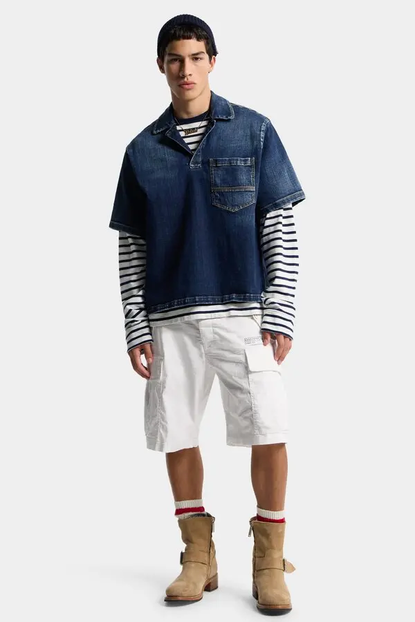 Dsquared2 Dark Wash Short Sleeve Denim Shirt With Varsity Lettering