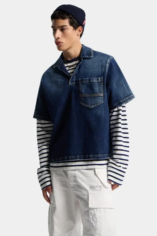 Dsquared2 Dark Wash Short Sleeve Denim Shirt With Varsity Lettering