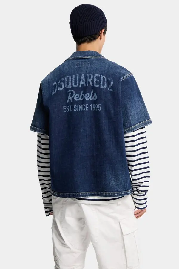 Dsquared2 Dark Wash Short Sleeve Denim Shirt With Varsity Lettering