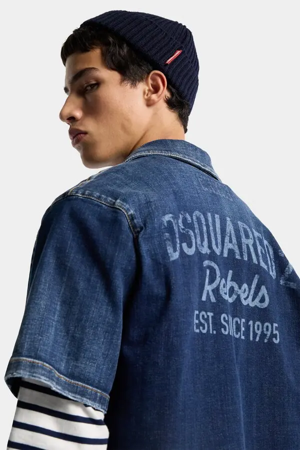 Dsquared2 Dark Wash Short Sleeve Denim Shirt With Varsity Lettering