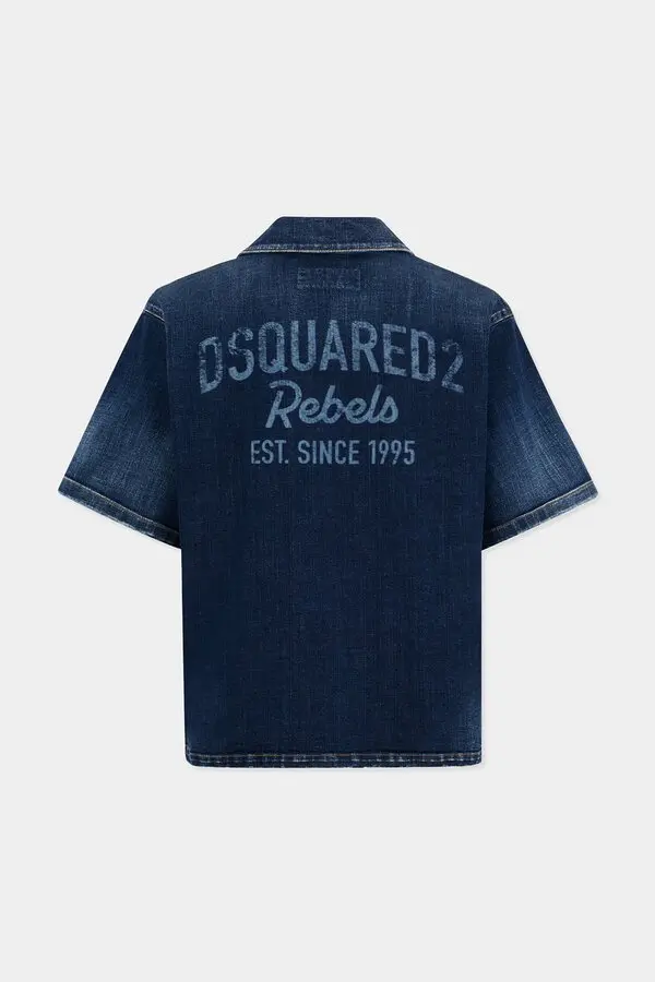 Dsquared2 Dark Wash Short Sleeve Denim Shirt With Varsity Lettering