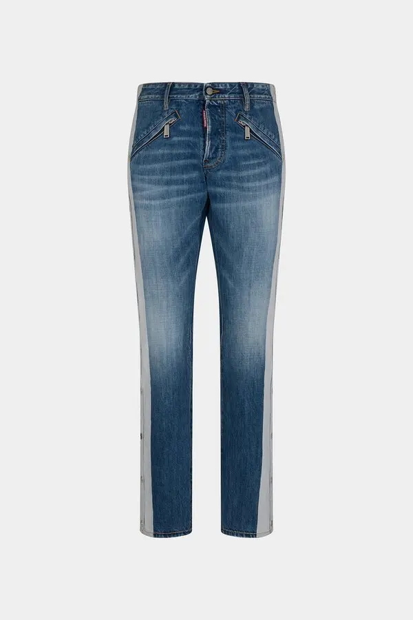 Dsquared2 Stone-washed Denim Pants With Contrast Snap Button Leg Detailing - Blue