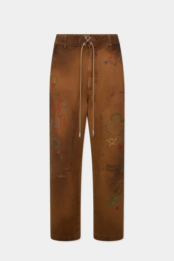 Dsquared2 Straight Leg Embroidered Canvas Cotton Pants - Beige