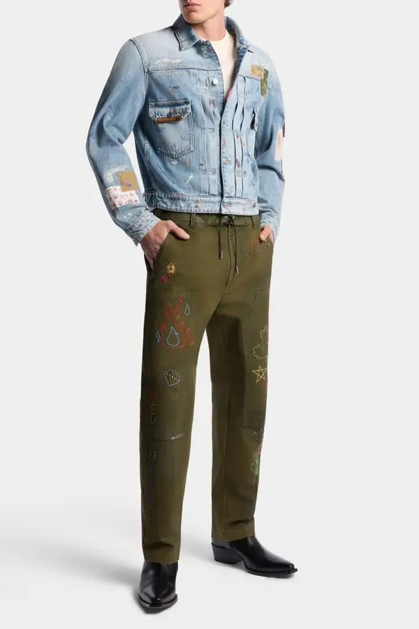 Dsquared2 Straight Leg Embroidered Canvas Cotton Pants - Green