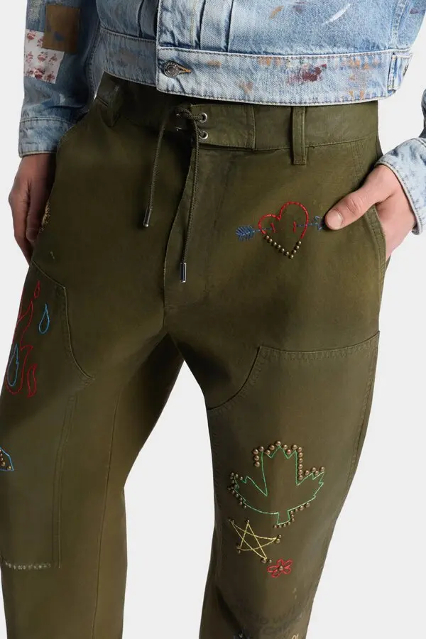 Dsquared2 Straight Leg Embroidered Canvas Cotton Pants - Green