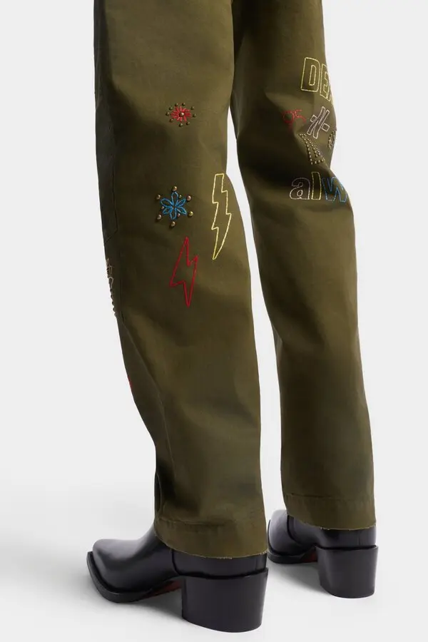 Dsquared2 Straight Leg Embroidered Canvas Cotton Pants - Green