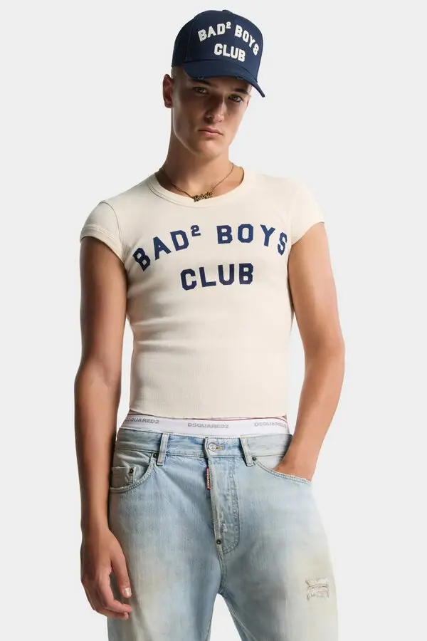Dsquared2 Vintage Fade Ribbed Cap Sleeve T-shirt With Slogan Print