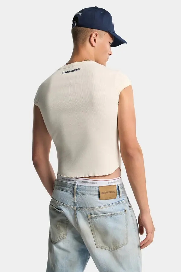 Dsquared2 Vintage Fade Ribbed Cap Sleeve T-shirt With Slogan Print
