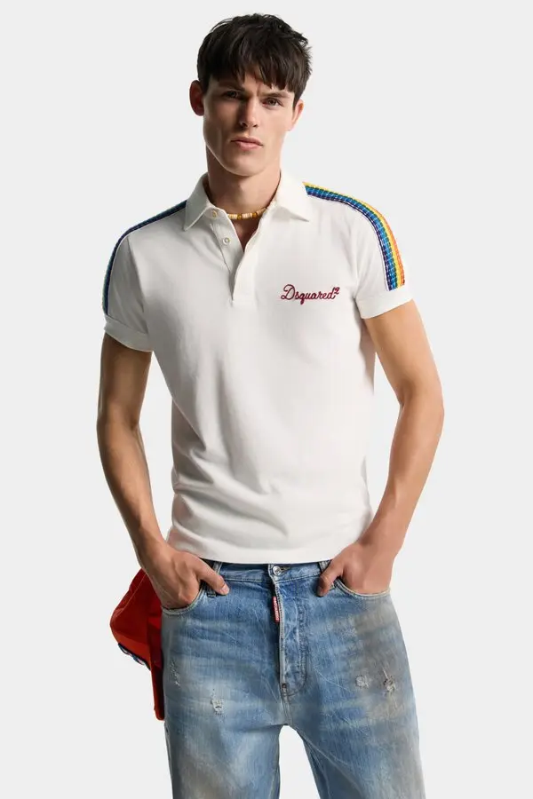 Dsquared2 Fitted Cotton Piqué Polo With Rainbow Stripe Detail