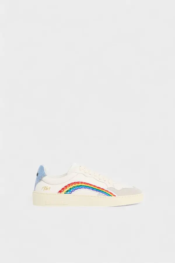 Dsquared2 Perforated Leather And Suede Low-top Sneakers With Sequined Rainbow Detail - White