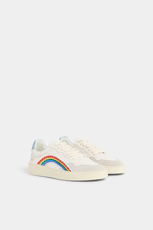 Dsquared2 Perforated Leather And Suede Low-top Sneakers With Sequined Rainbow Detail
