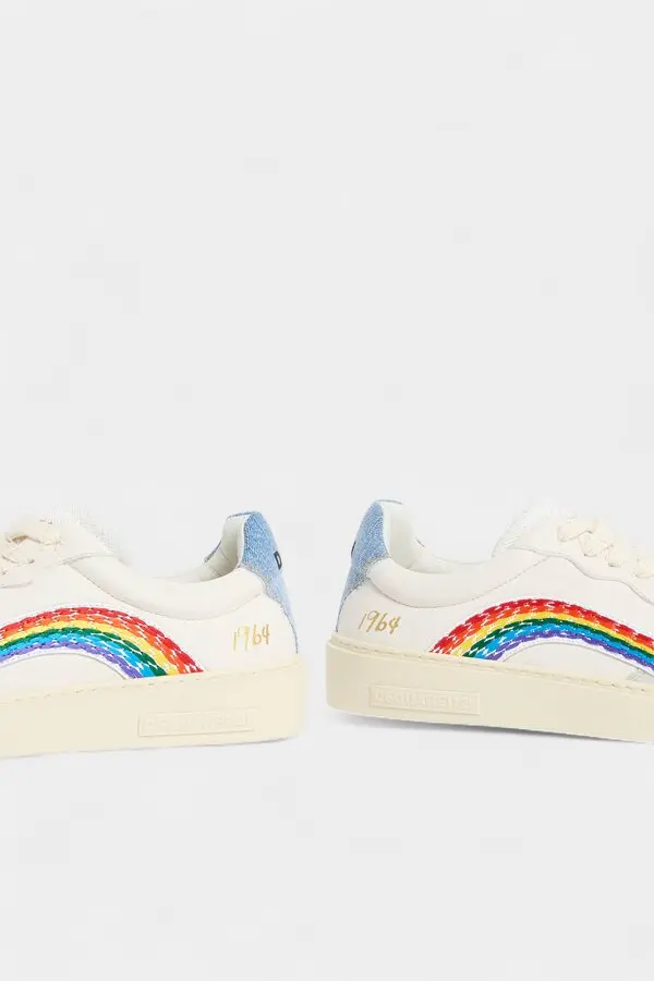 Dsquared2 Perforated Leather And Suede Low-top Sneakers With Sequined Rainbow Detail