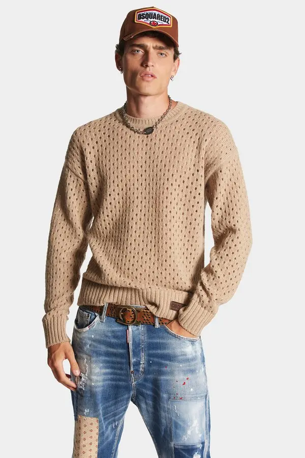 Dsquared2 Openwork Knit Alpaca Wool Crewneck Pullover - Black