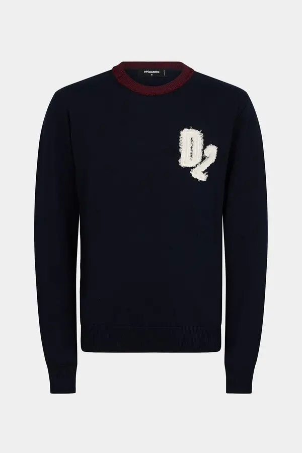 Dsquared2 Wool Pullover With Raw-edge Crew Neck And Patches - Black