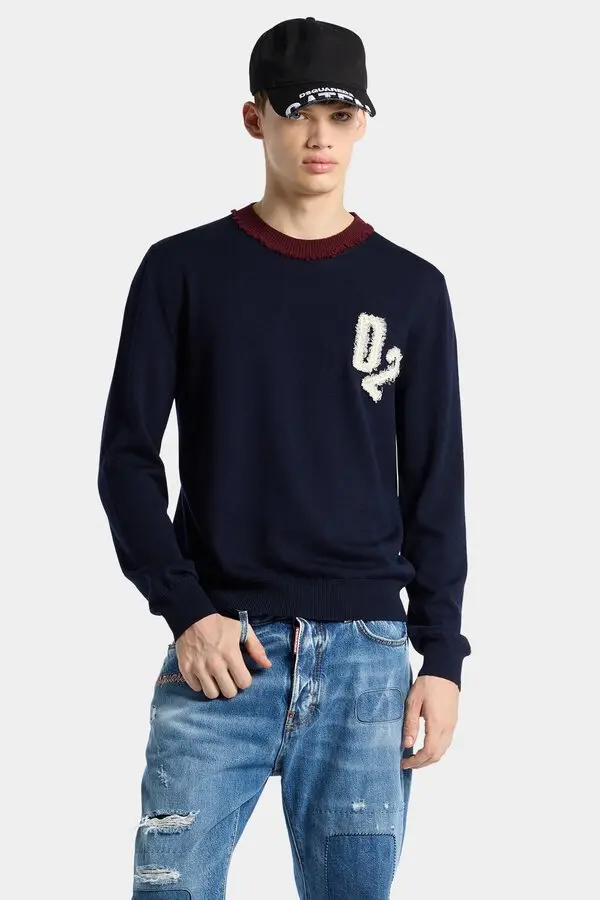 Dsquared2 Wool Pullover With Raw-edge Crew Neck And Patches - Black