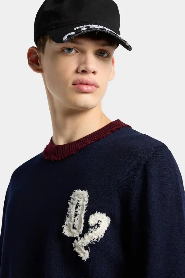 Dsquared2 Wool Pullover With Raw-edge Crew Neck And Patches - Black