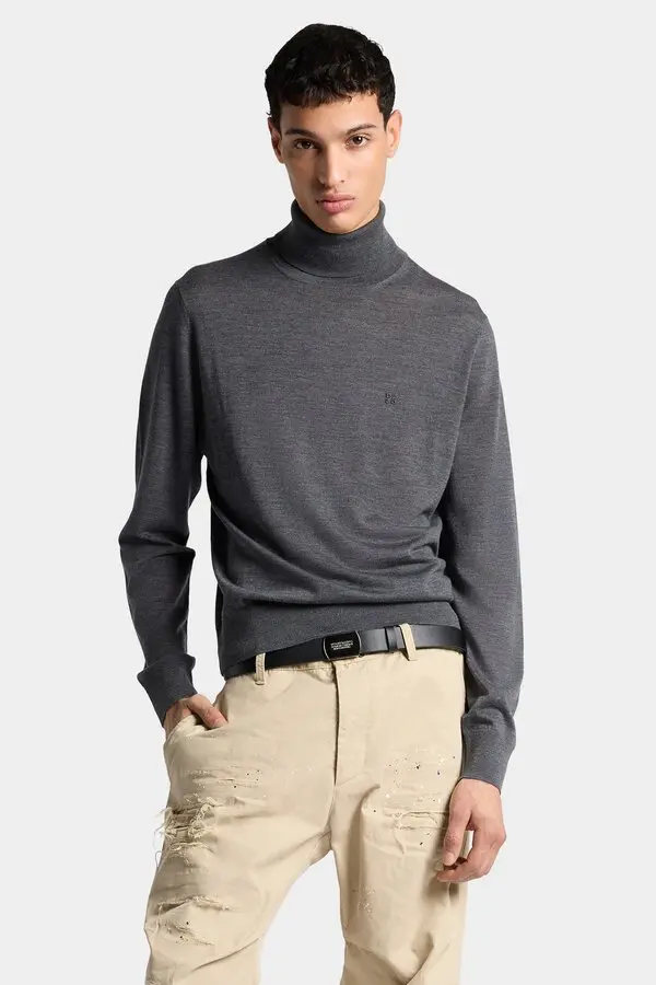 Dsquared2 Wool Turtleneck Pullover With Embroidered Logo - Grey