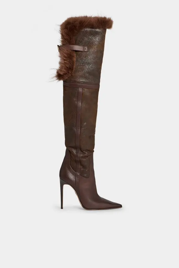 Dsquared2 Thigh-high Heeled Boots With Shearling Lining And Buckle Detail - Brown