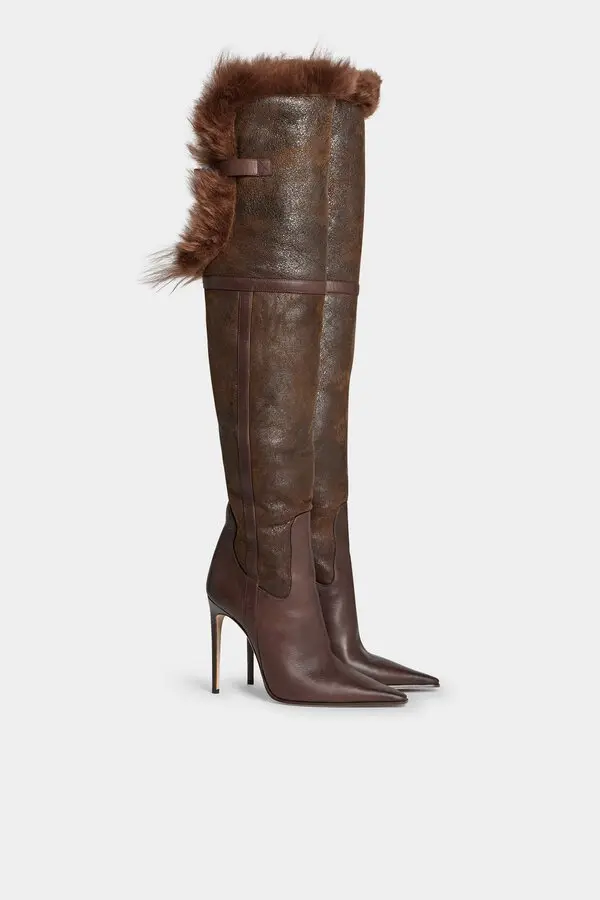 Dsquared2 Thigh-high Heeled Boots With Shearling Lining And Buckle Detail - Brown