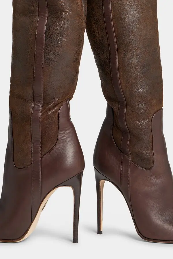 Dsquared2 Thigh-high Heeled Boots With Shearling Lining And Buckle Detail - Brown