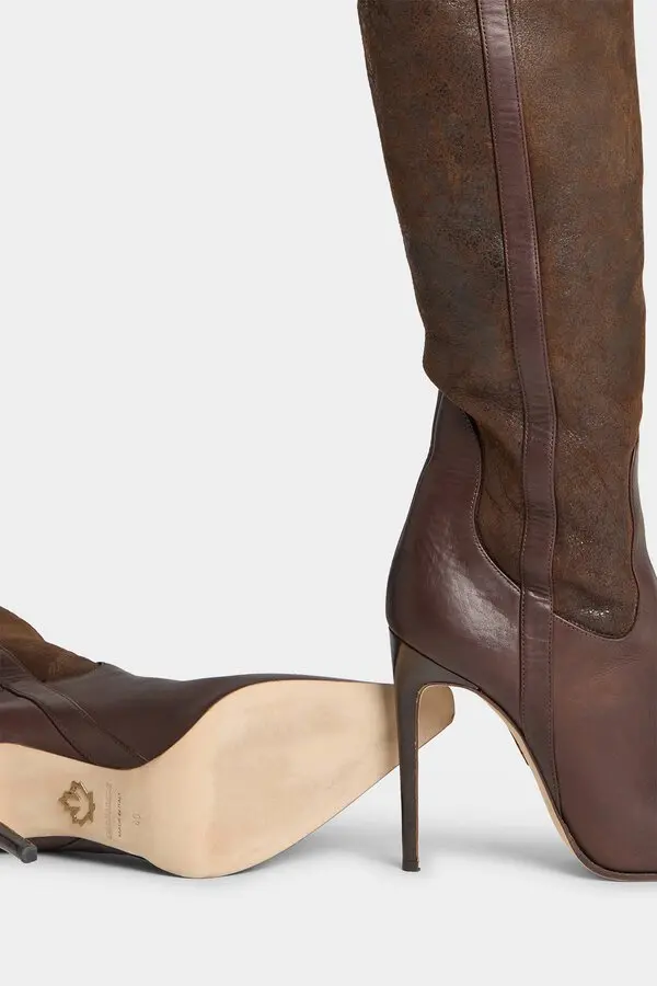 Dsquared2 Thigh-high Heeled Boots With Shearling Lining And Buckle Detail - Brown