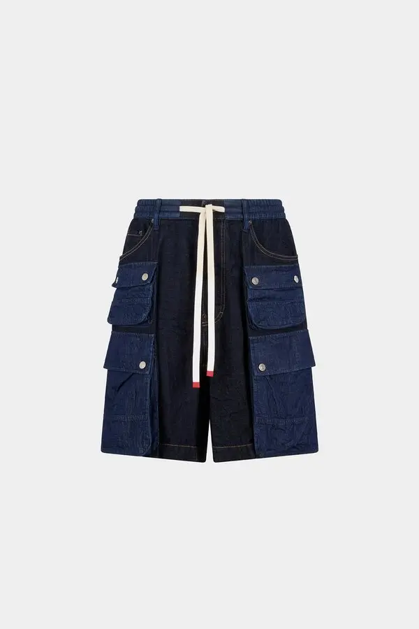 Dsquared2 Dark Wash Cargo Denim Shorts With Drawstring Waist - Blue