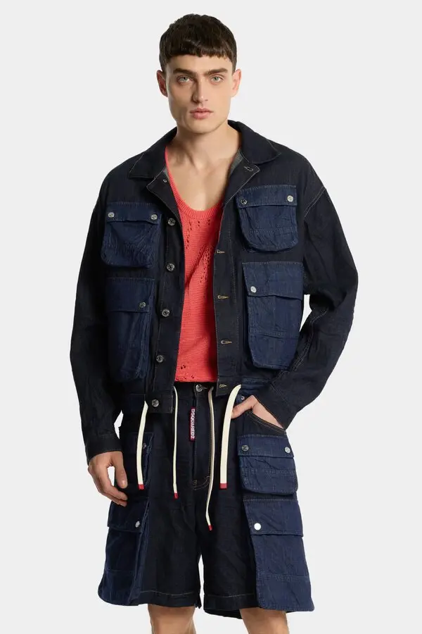 Dsquared2 Dark Wash Cargo Denim Shorts With Drawstring Waist