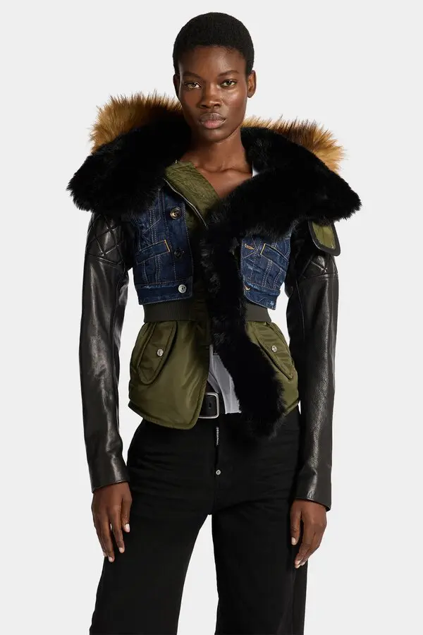 Dsquared2 Hybrid Nylon Parka With Faux Fur Trim