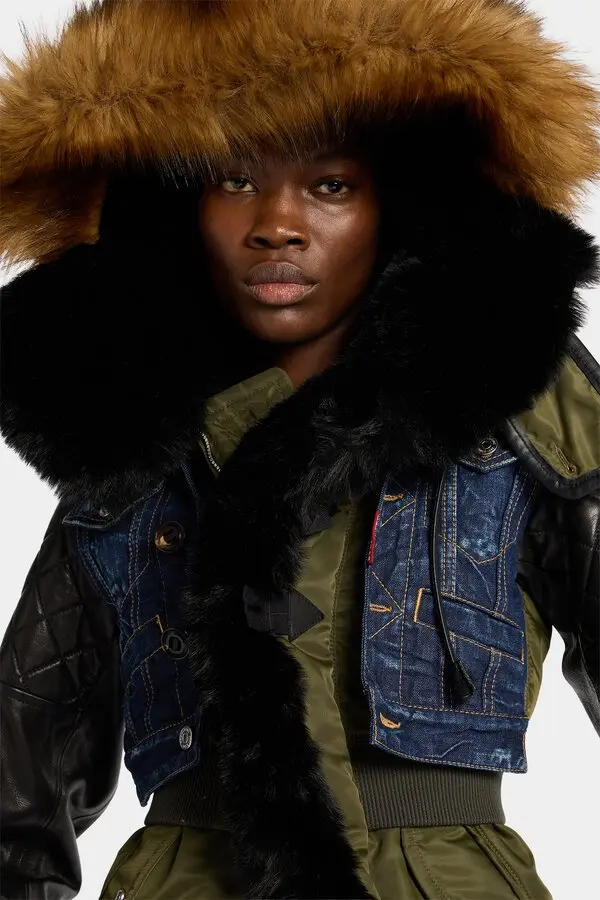 Dsquared2 Hybrid Nylon Parka With Faux Fur Trim