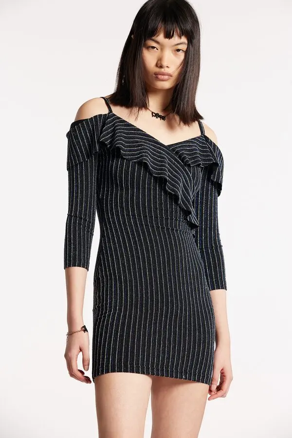 Dsquared2 70's Disco Mini Dress With Ruffled Cold Shoulder And Pinstripe Detail