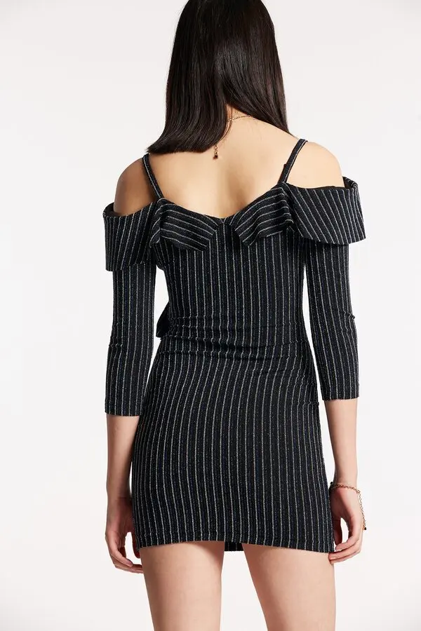 Dsquared2 70's Disco Mini Dress With Ruffled Cold Shoulder And Pinstripe Detail