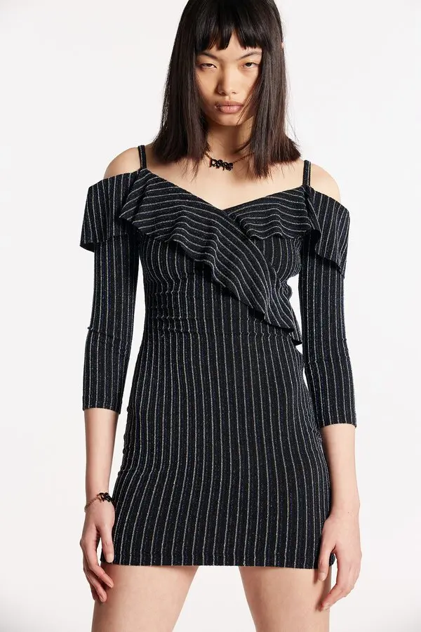 Dsquared2 70's Disco Mini Dress With Ruffled Cold Shoulder And Pinstripe Detail
