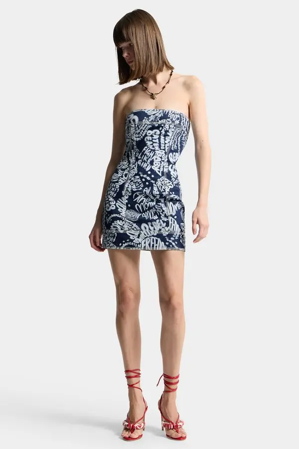 Dsquared2 Dark Wash Graffiti Print Denim Strapless Mini Dress - Blue