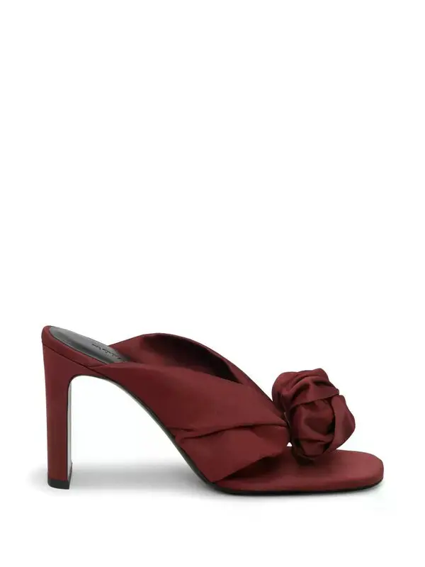 ROTATE BY BIRGER CHRISTENSEN Bordeaux Satin Square Toe Flower Detail Heeled Sandals