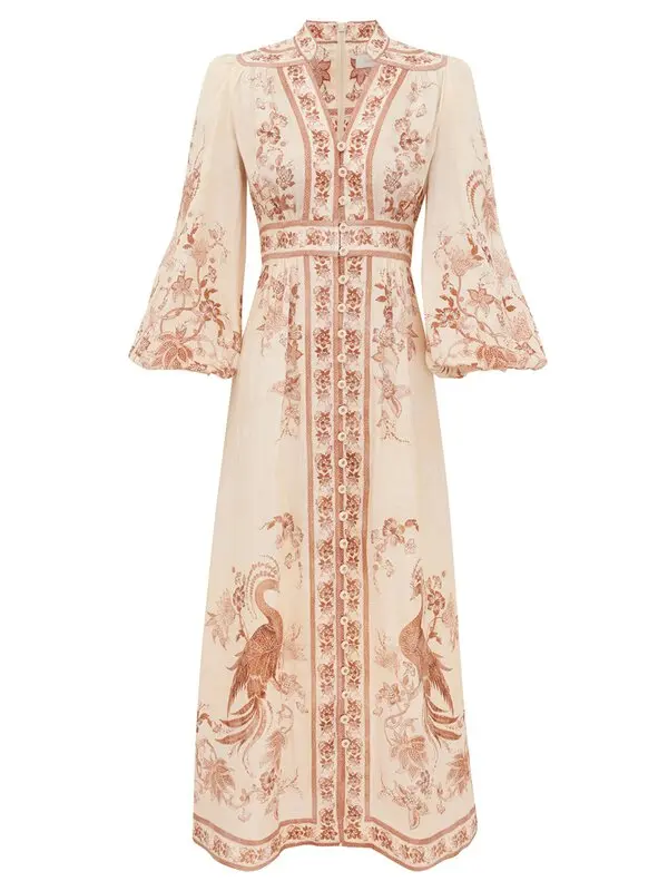 Zimmermann Fitted V-neck Linen Dress With Button Detail - Bianco