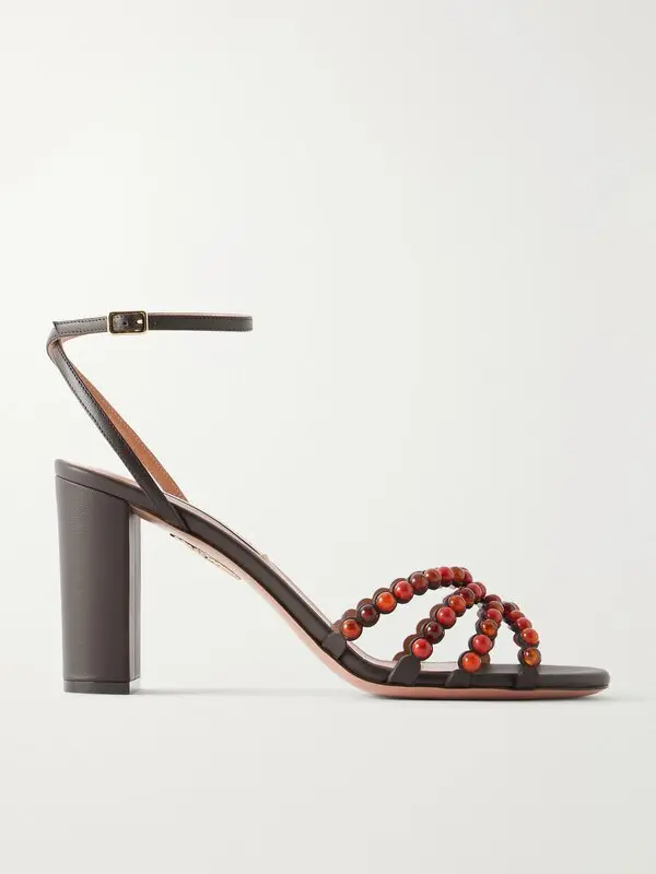 AQUAZZURA Gemma 85 Embellished Leather Block Heel Sandals - Brown