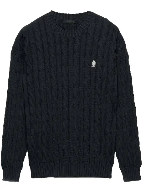 Prada Crewneck Cable Knit Cotton Sweater - Black