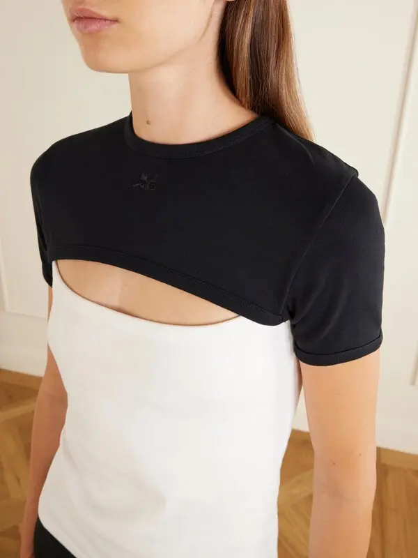 COURREGES Slash Contrast" Embroidered Logo Cut-out Cotton T-shirt