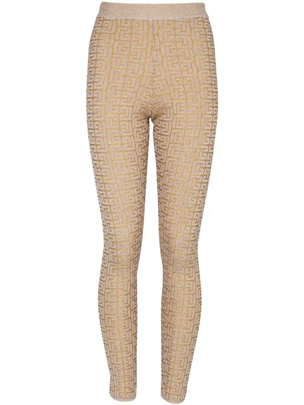 BALMAIN PARIS Labyrinth Monogram Knit Leggings - Beige