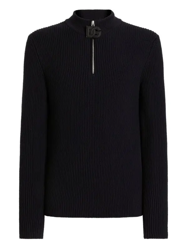 Dolce & Gabbana Ribbed Knit Quarter-zip Turtleneck With Dg Monogram Detail - Blue