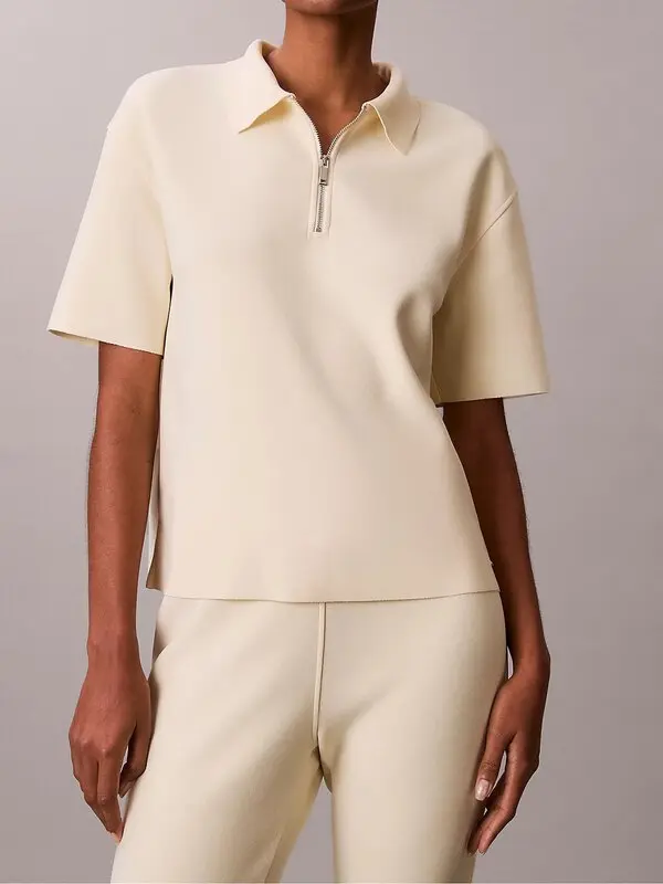 Calvin Klein Ss Tailored Knit Collar Zip Top - Beige