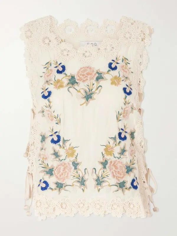 Sea Adonna Floral-embroidered Crochet-trimmed Cotton Tank - Cream