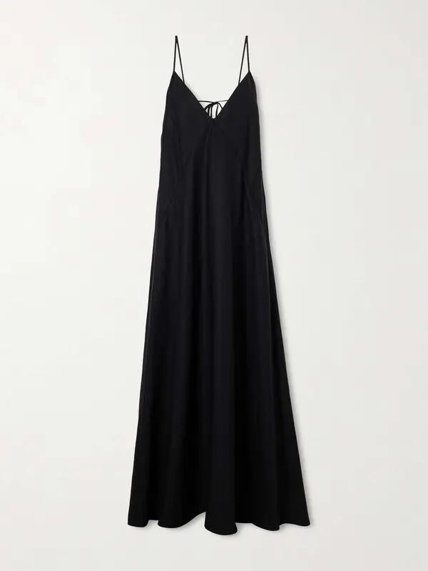 Another Tomorrow Knotted Paneled Linen Maxi Dress - Black