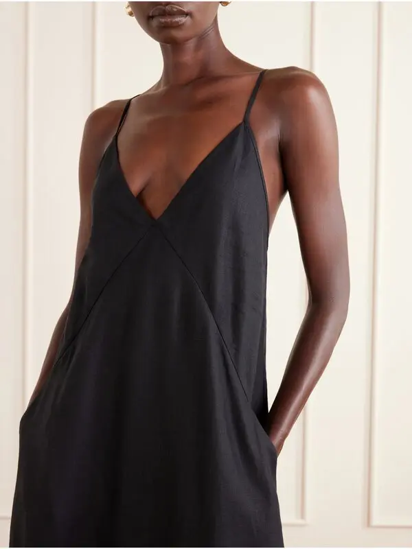 Another Tomorrow Knotted Paneled Linen Maxi Dress - Black